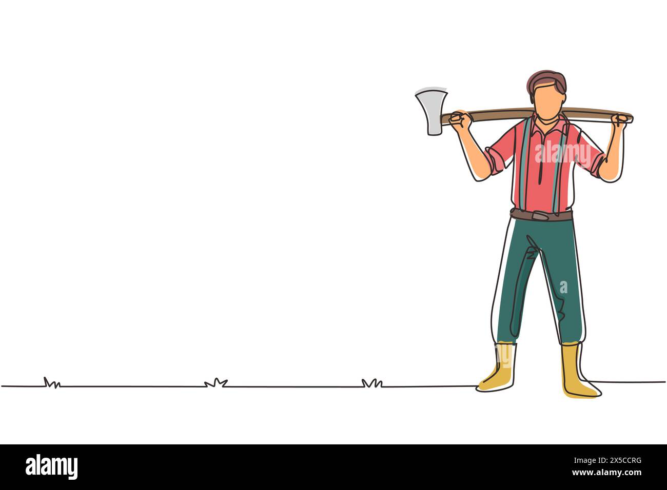 Single one line drawing smiling lumberjack in plaid shirt, jeans with ...