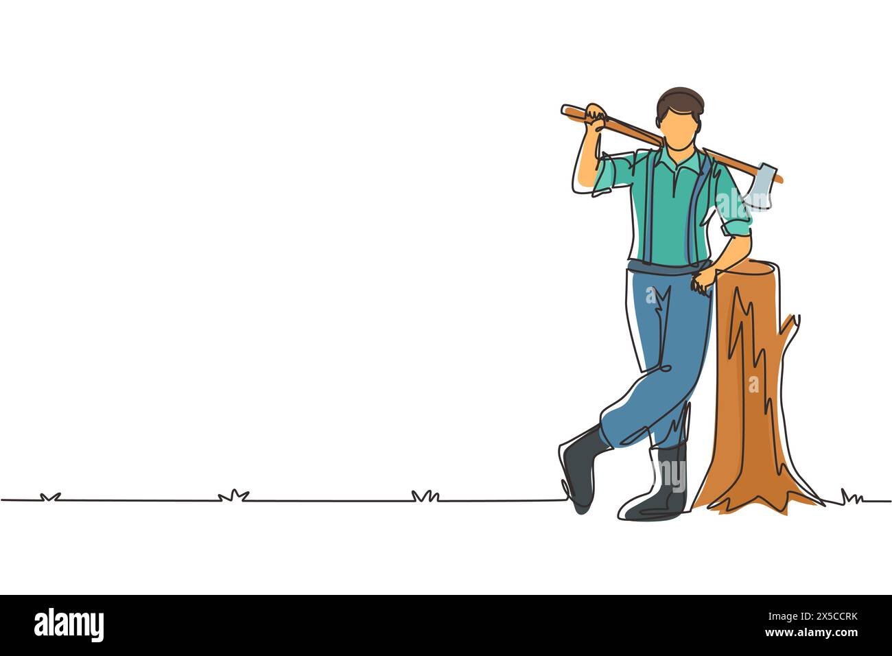 Single one line drawing lumberjack lean on the wood log. Wearing shirt ...