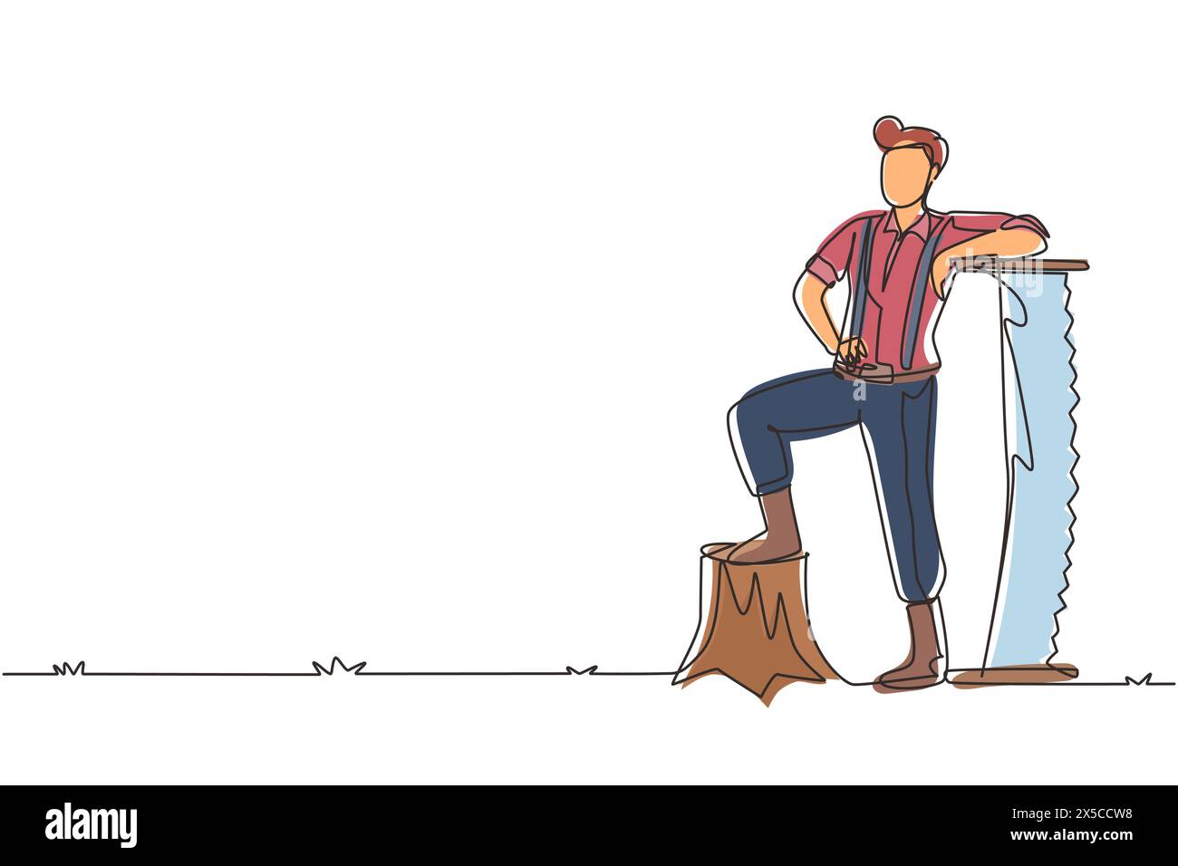 Single continuous line drawing smiling lumberjack man wearing suspender ...