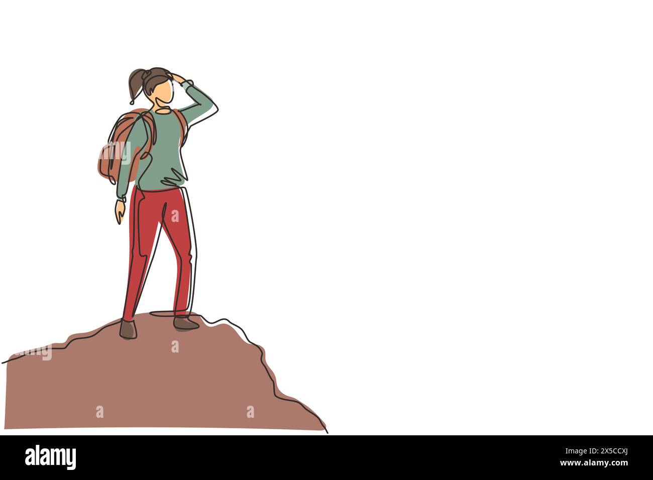 Single one line drawing woman hiker at top of mountain looking into ...