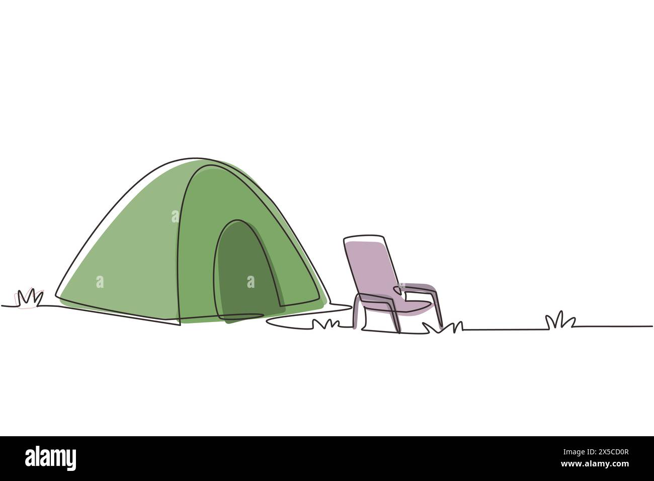 Single continuous line drawing camping tent with chair. Nature ...