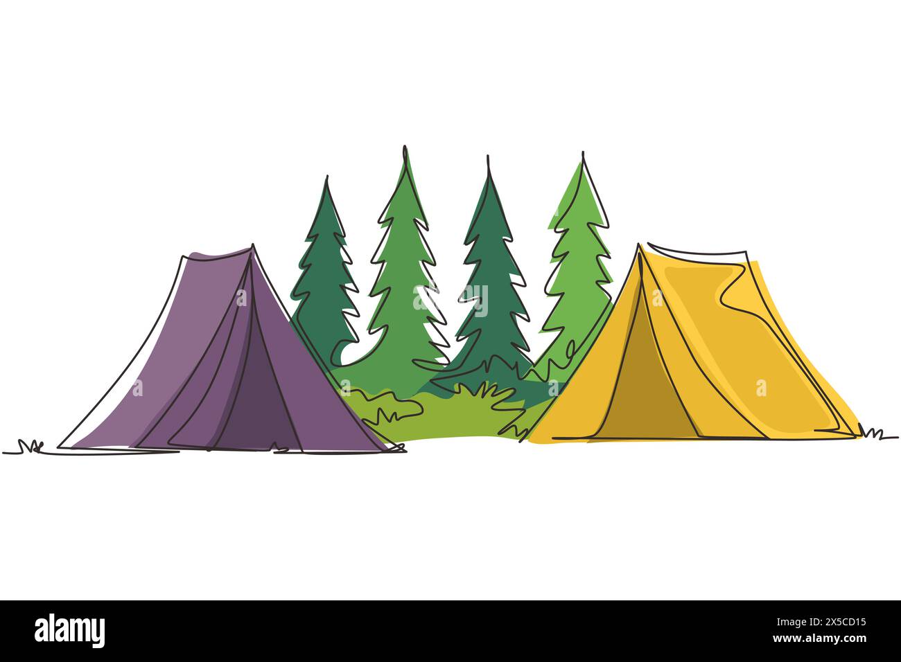Continuous one line drawing two tents camping tourist pine forest ...