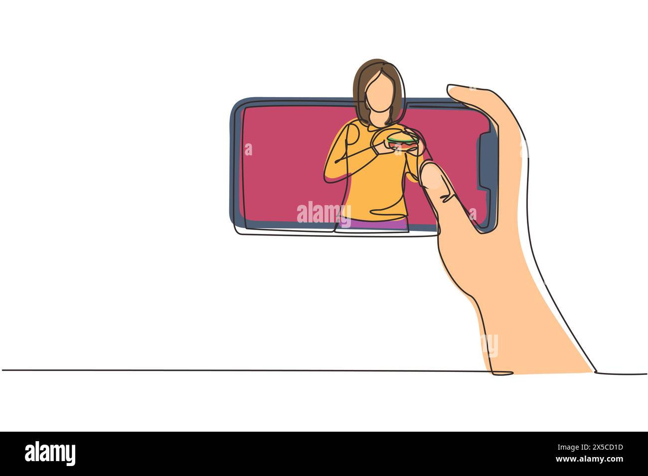 Continuous one line drawing woman food blogger eating burger while ...