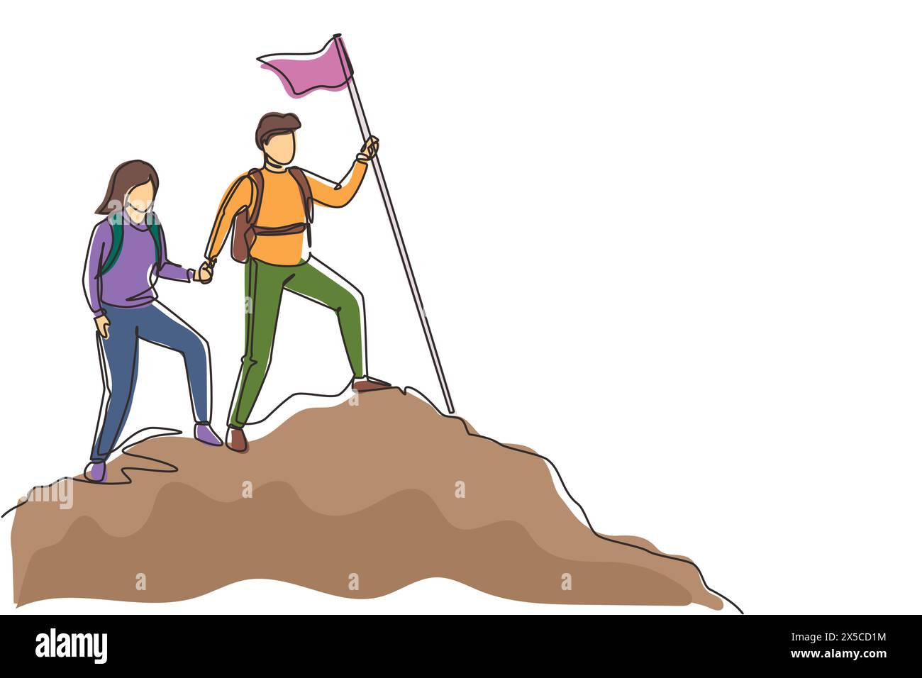 Single one line drawing young couple man woman hikers tourists ...