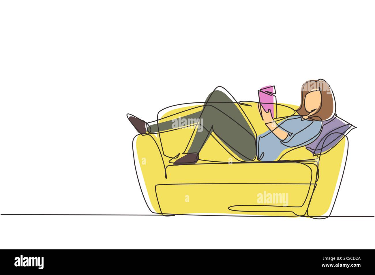 Single one line drawing young woman laying on sofa and reading book at ...