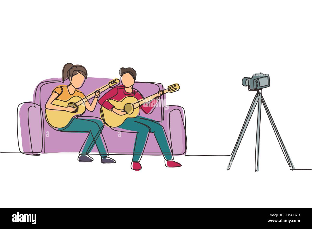 Single continuous line drawing couple vlog influencer performing music ...