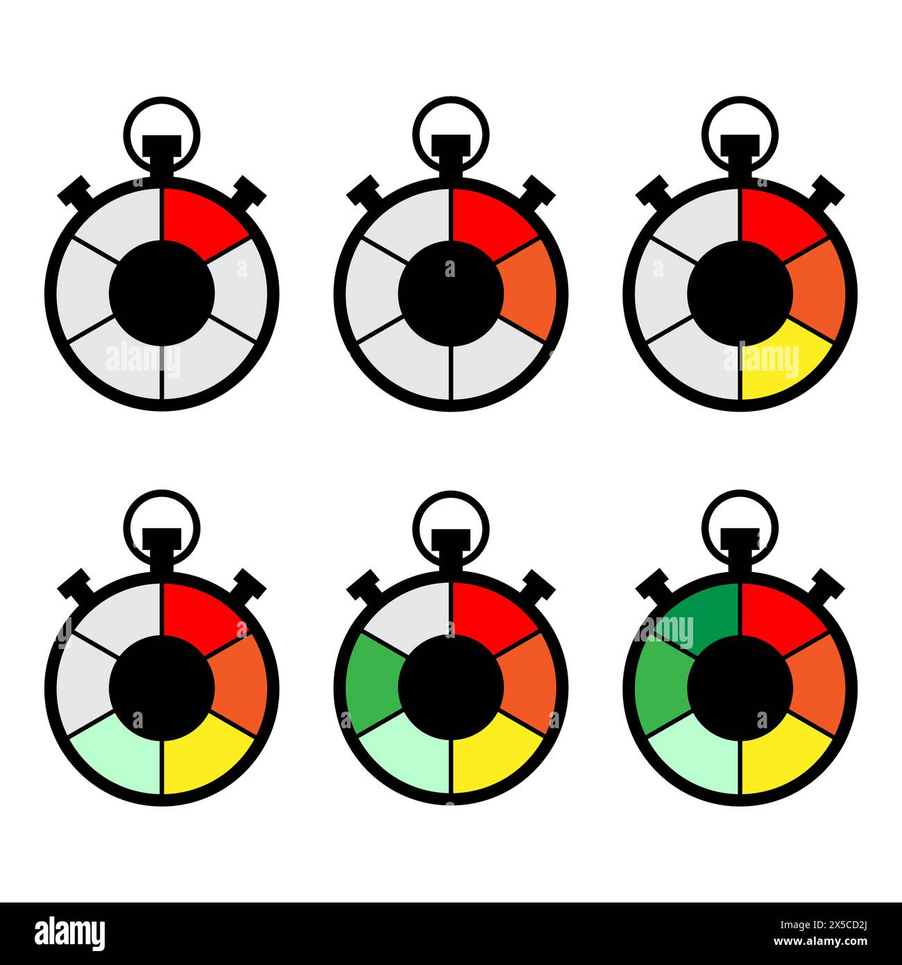 Colorful stopwatches icon set. Time tracking tools. Variety of timers. Vector graphic elements ...