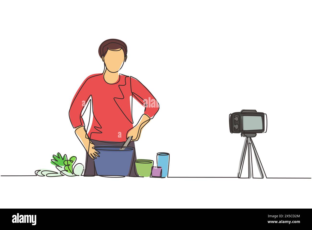 Continuous one line drawing vegan man. Vegetarian food blogger, guy ...