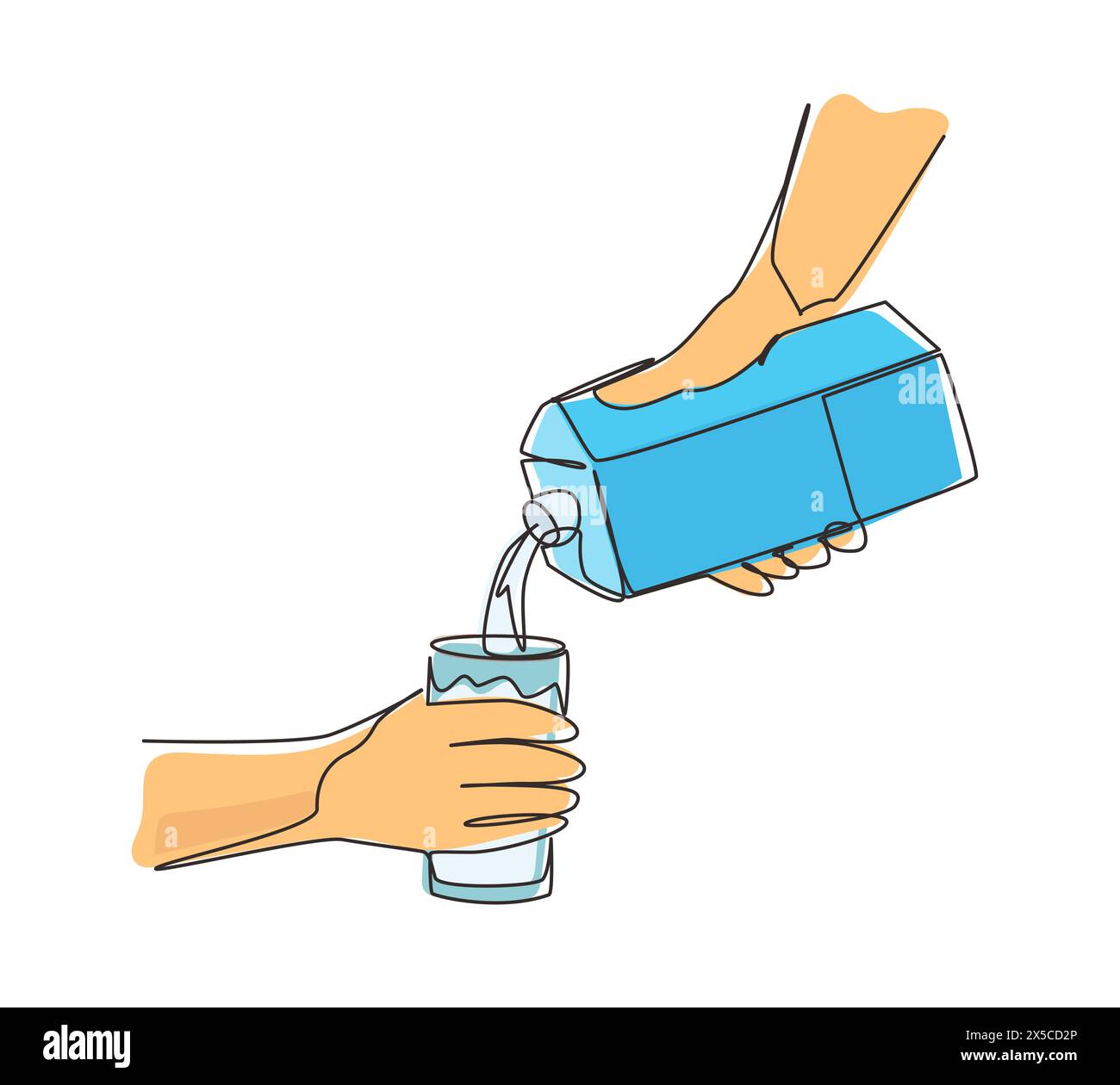 Continuous one line drawing hand holding carton of milk poured into ...