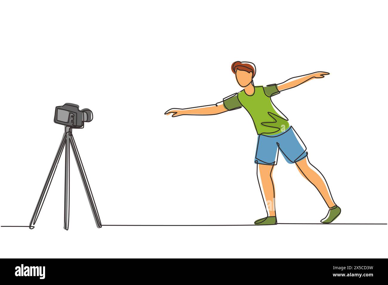 Single one line drawing young man doing exercise on mat with camera ...