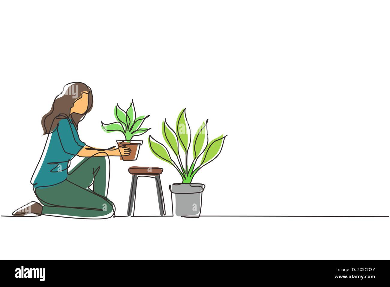 Single Continuous Line Drawing Young Woman Worker Kneeling Potted