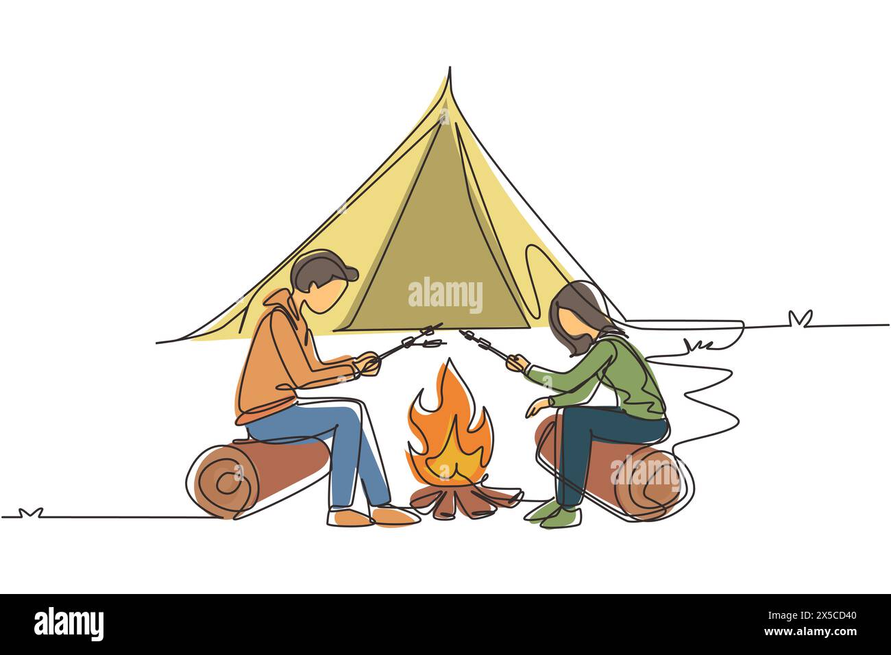 Continuous one line drawing romantic couple summer camp. Man and woman ...