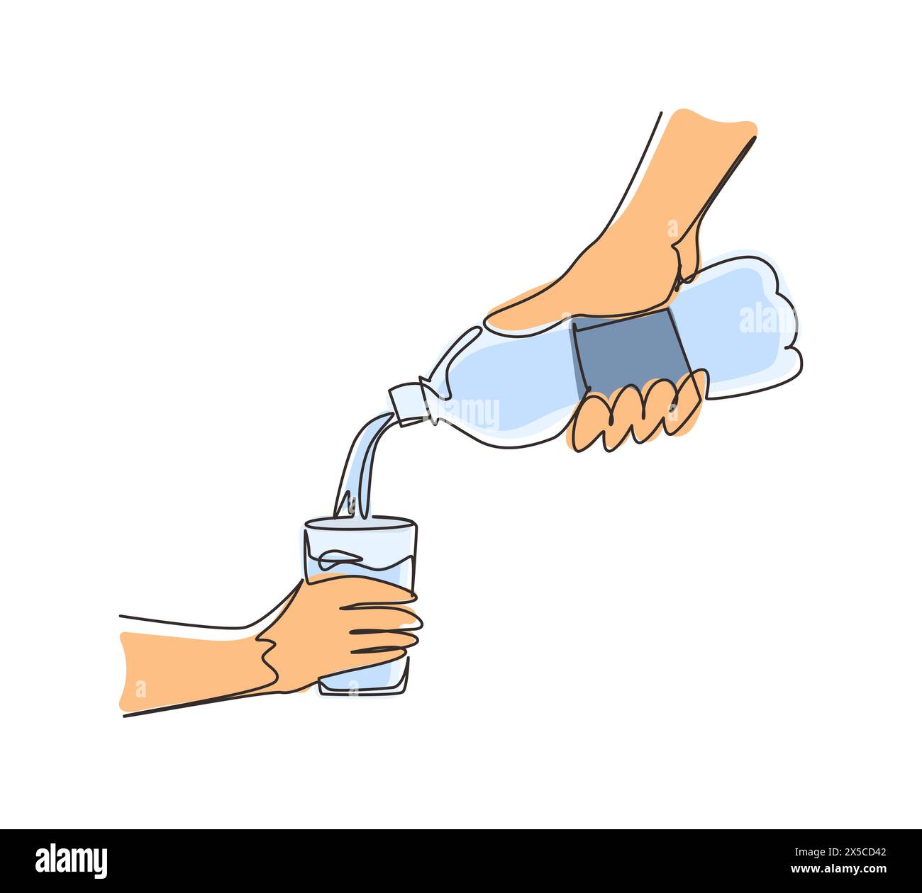 Single one line drawing hand holding plastic bottle of water, pouring water into glass. Cool ...
