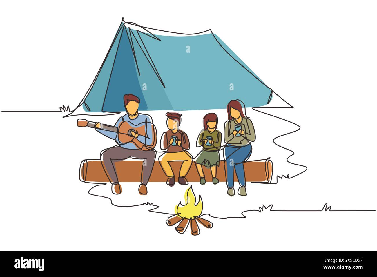 Single continuous line drawing adventure hiker family camping with ...