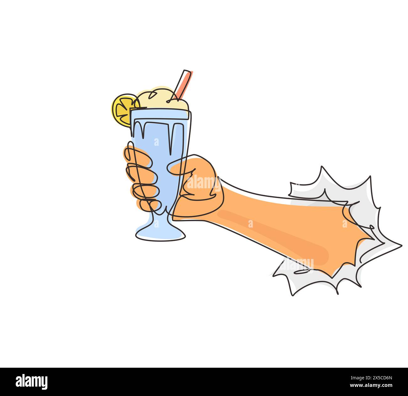 Single one line drawing hand holds glass milkshake with whipped cream ...