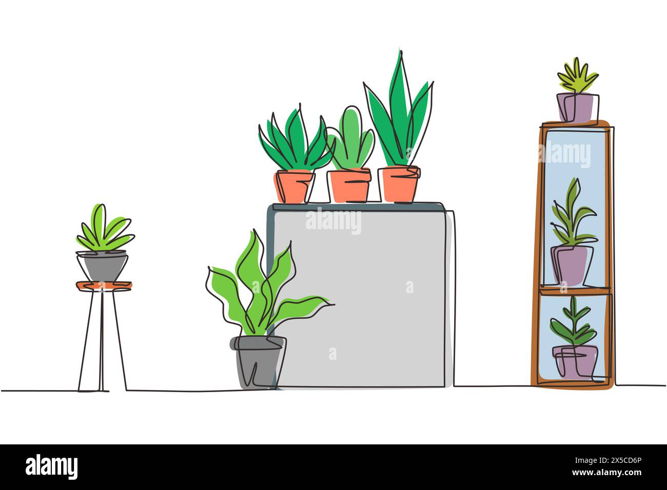 Single one line drawing home garden, succulents, flowers, potted plants ...