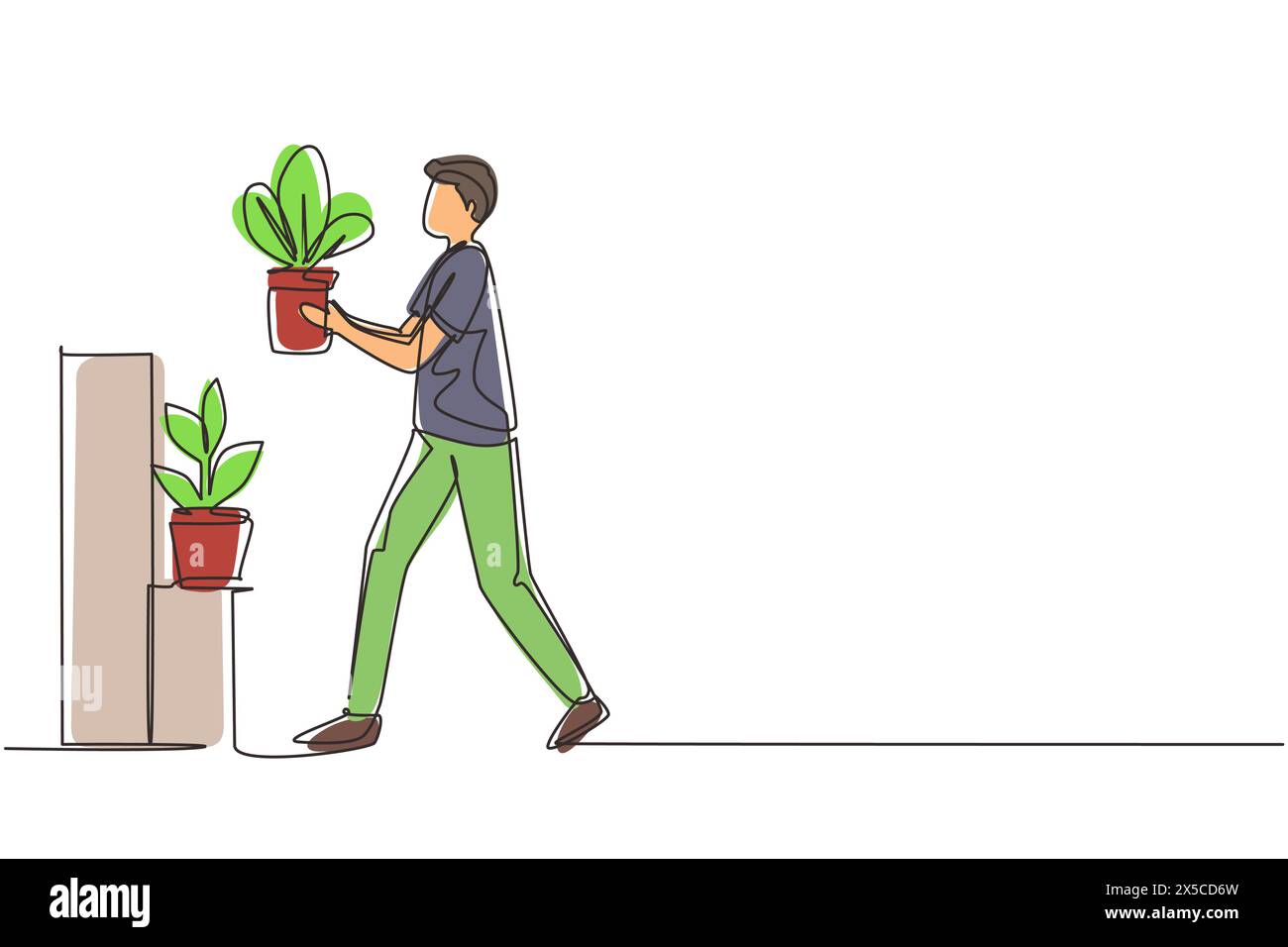 Continuous One Line Drawing Home Gardening Male Take Care To