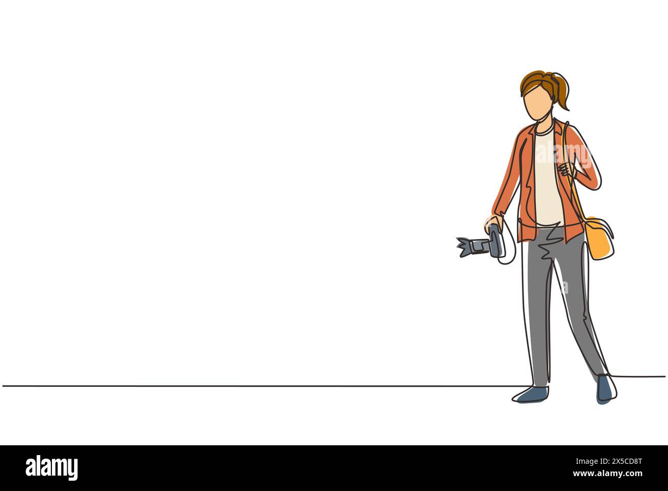 Single continuous line drawing woman hipster photographer with holding ...