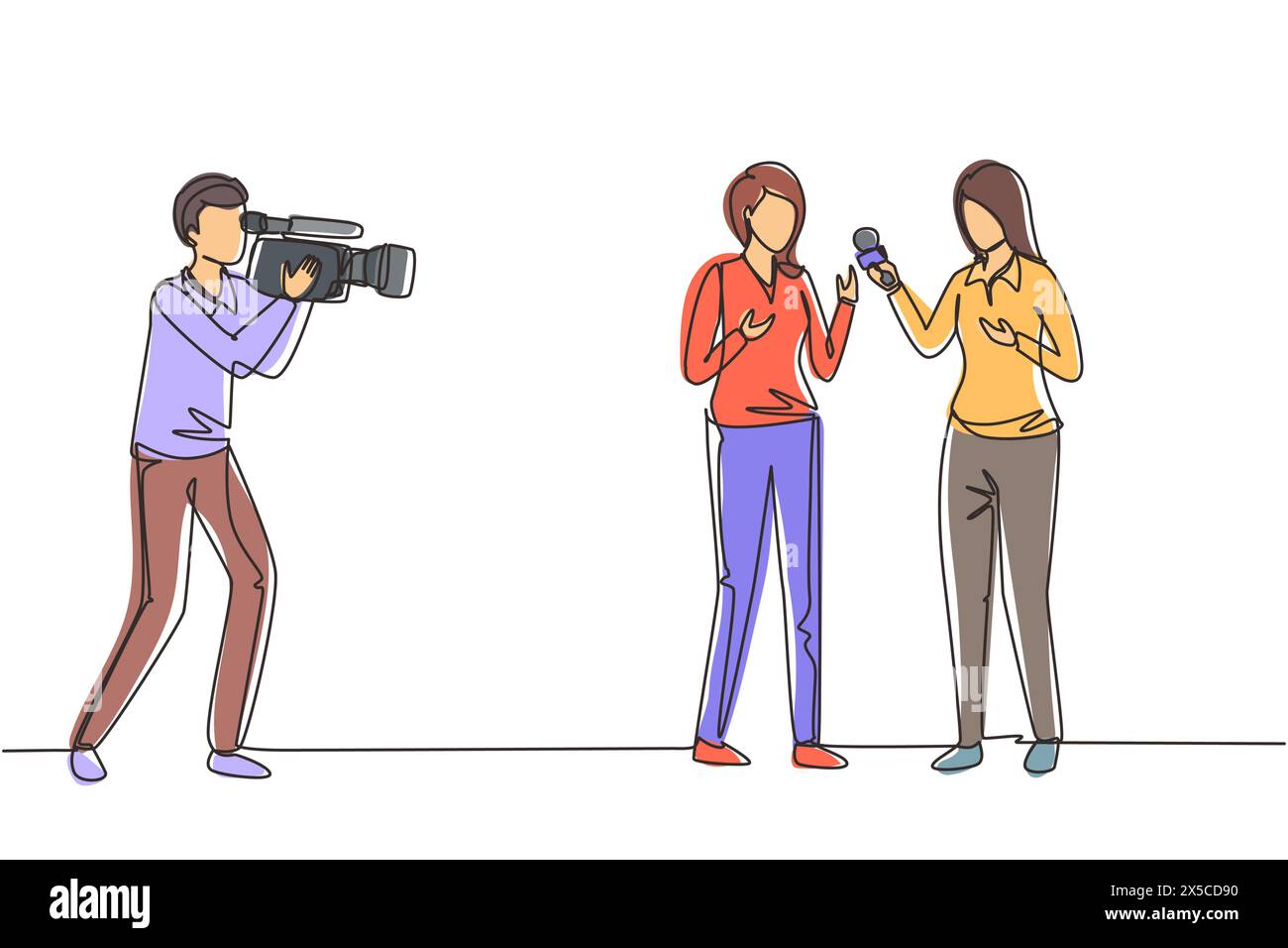 Single one line drawing woman journalist with microphone, interview man ... Single one line drawing woman journalist with microphone, interview man ...
