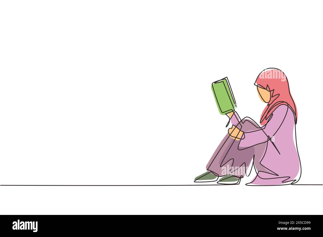 Single continuous line drawing young Arabian woman sitting on floor ...