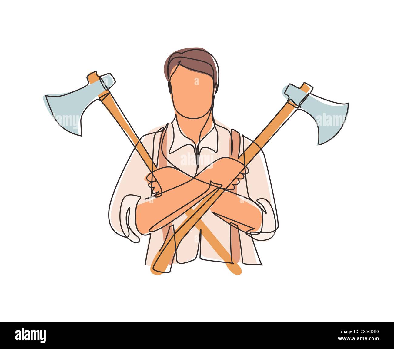 Single continuous line drawing lumberjack holding two axes crossed ...