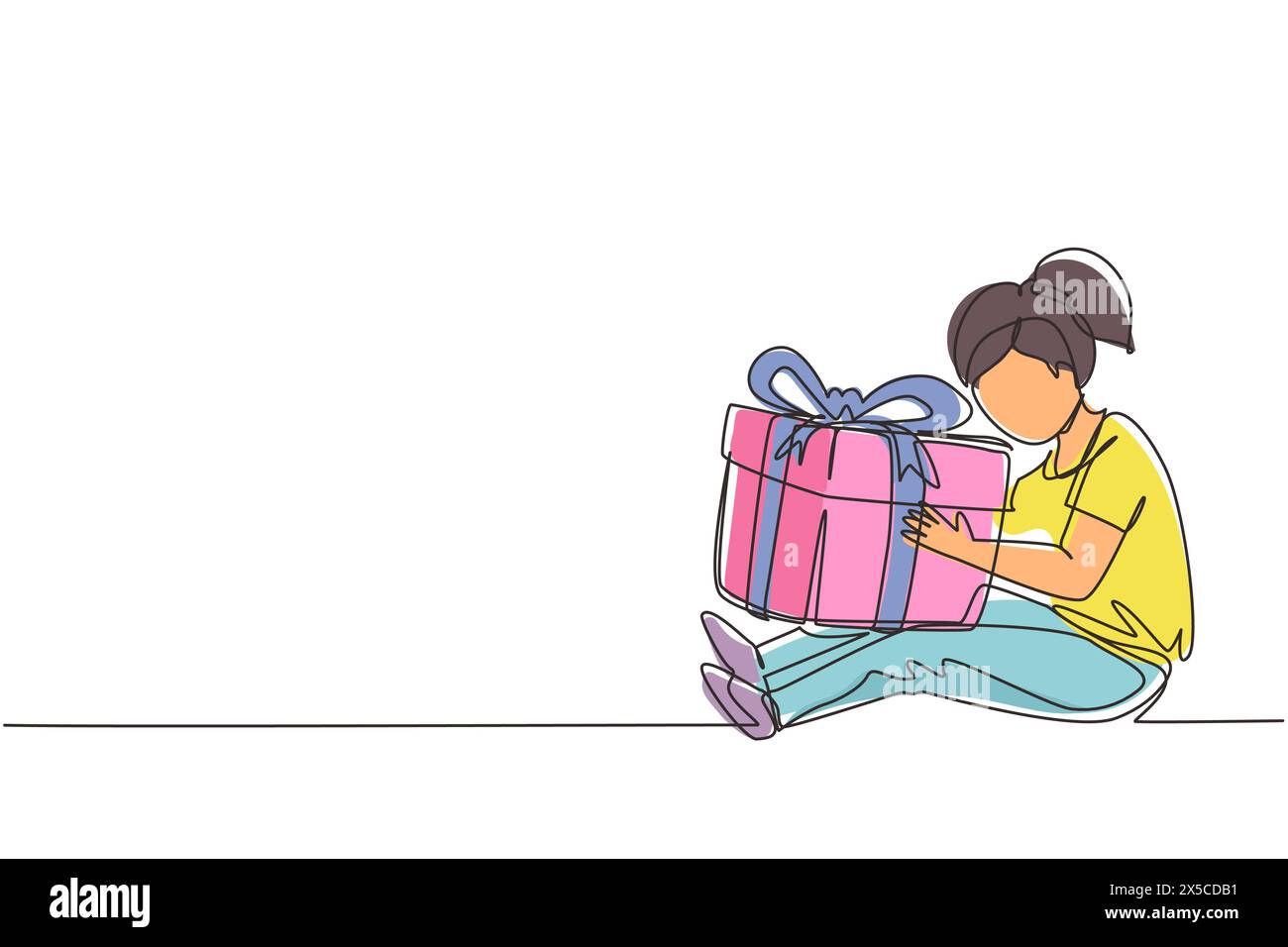 Continuous one line drawing cheerful girl sitting and hugging big gift ...