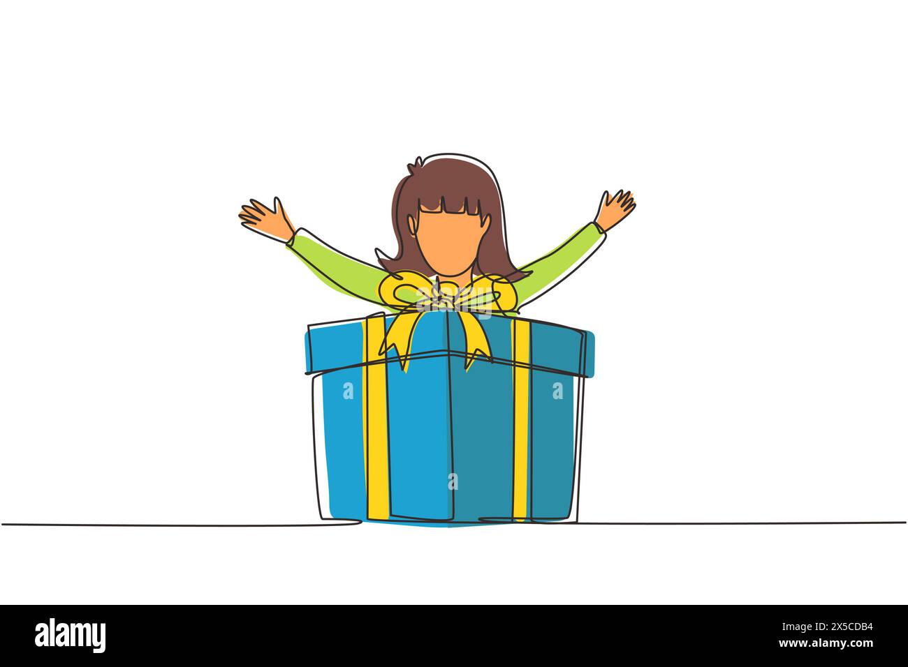 Continuous one line drawing happy little girl holding big ribbon bow ...