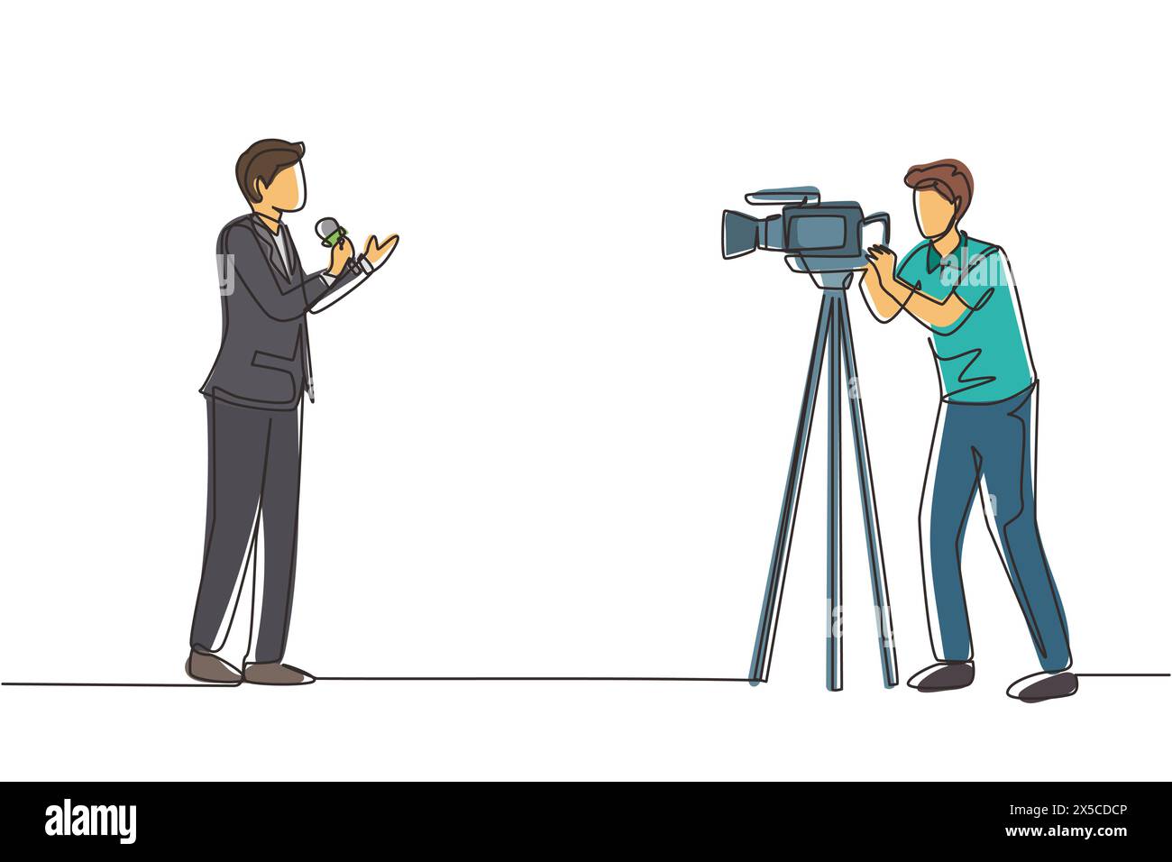 Single one line drawing correspondent or reporter and operator. News ...
