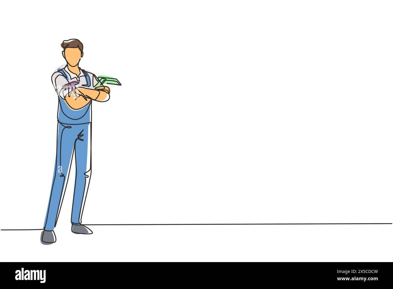 Continuous one line drawing cleaning worker posing and holding cleaning ...