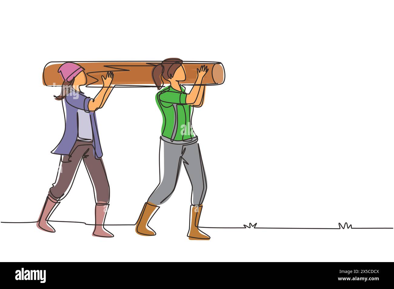 Single one line drawing couple of woman lumberjack laborers carrying ...