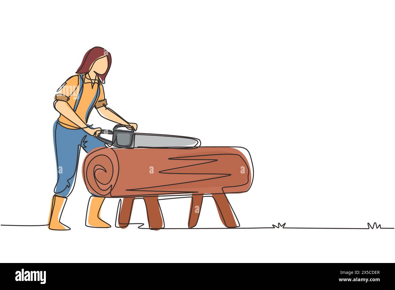 Single continuous line drawing sawmill concept. Professional woman ...