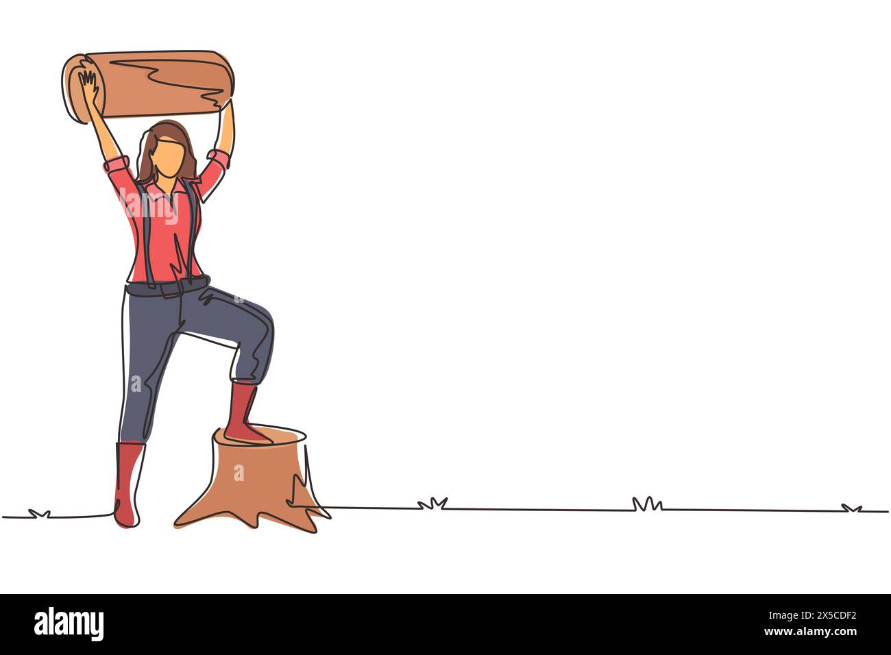 Single One Line Drawing Beautiful Woman Lumberjack Holding Downed Log