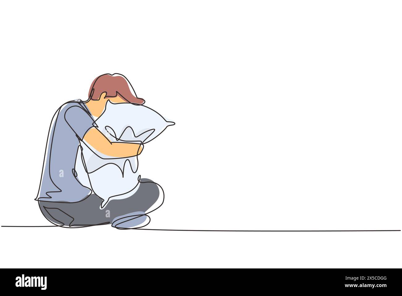 Single continuous line drawing man sitting and hugging pillow. Sleeping ...