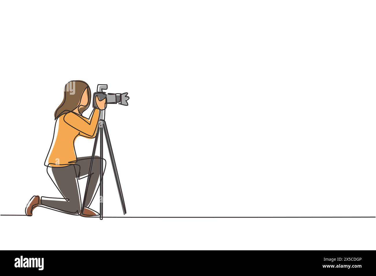 Single continuous line drawing professional photographer woman kneeling ...