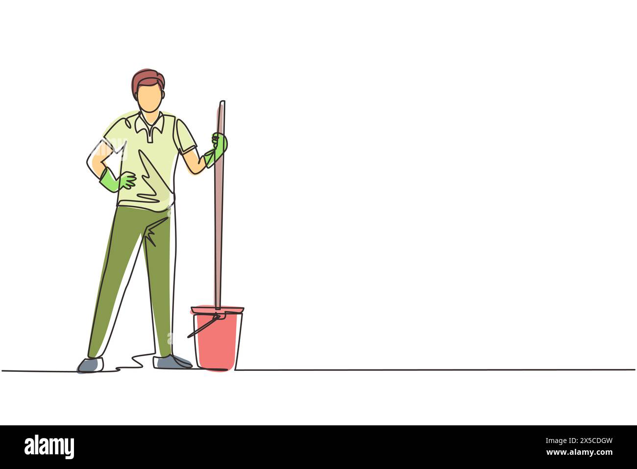 Single continuous line drawing young man with buckets and mops ...