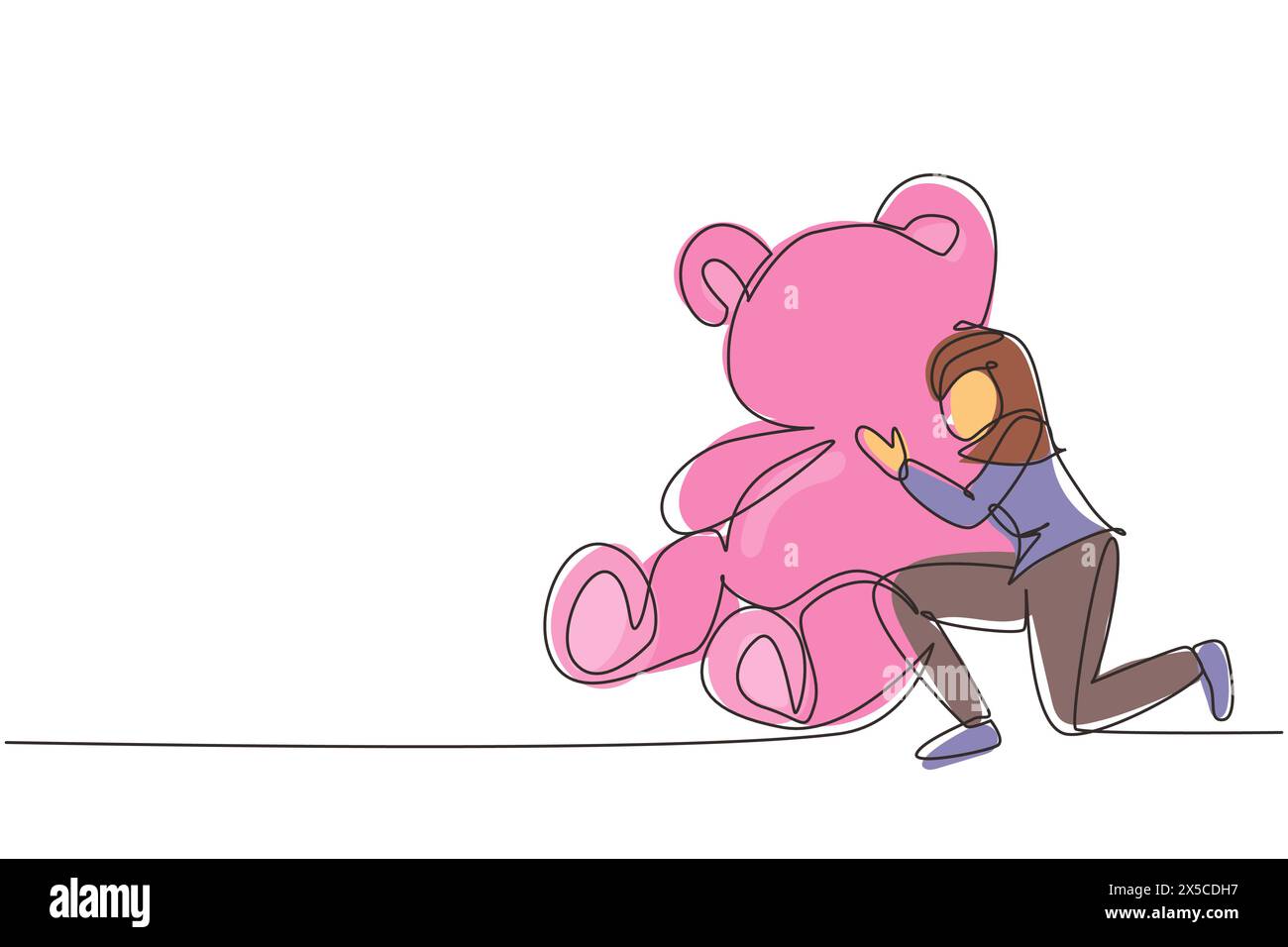 Single continuous line drawing young beautiful girl hugging big huge ...