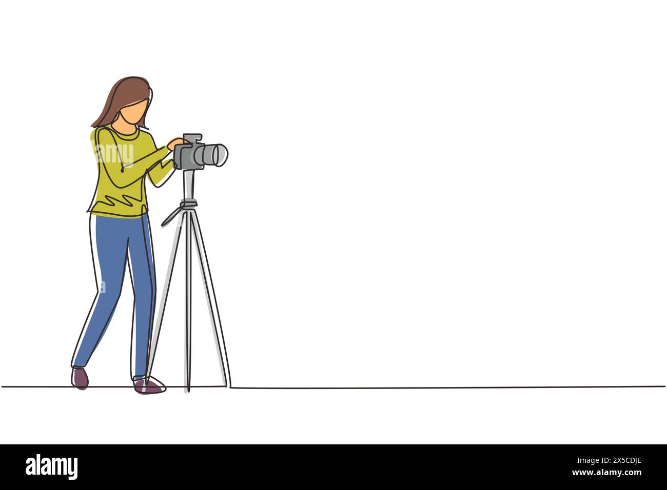 Continuous one line drawing female photographer taking photos using ...