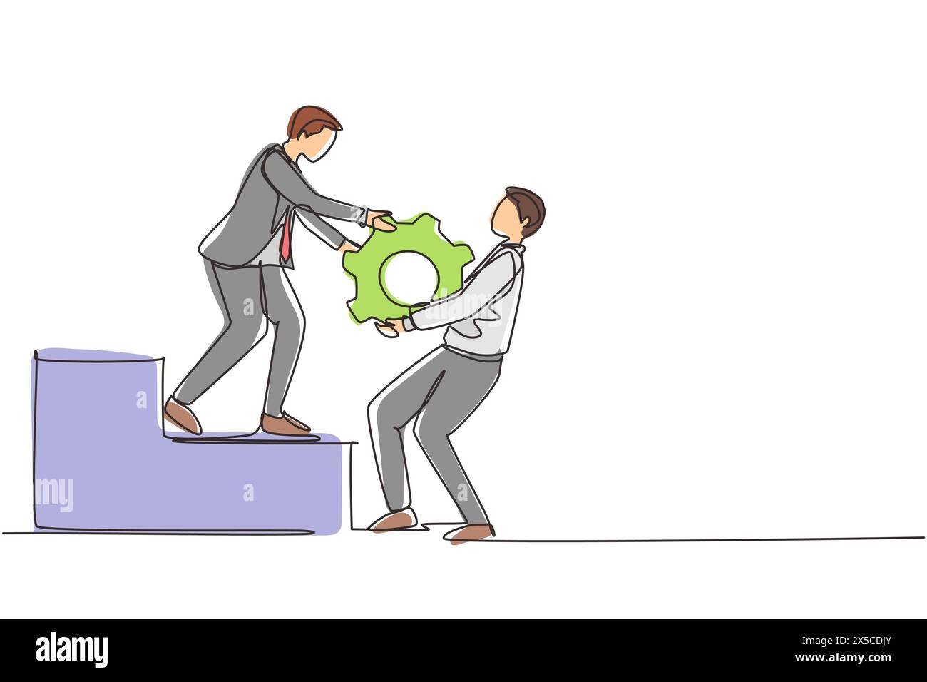 Continuous one line drawing businessman helping his partner to lifting ...