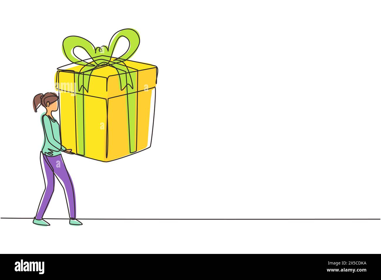 Continuous one line drawing happy woman carrying a big present box. The ...