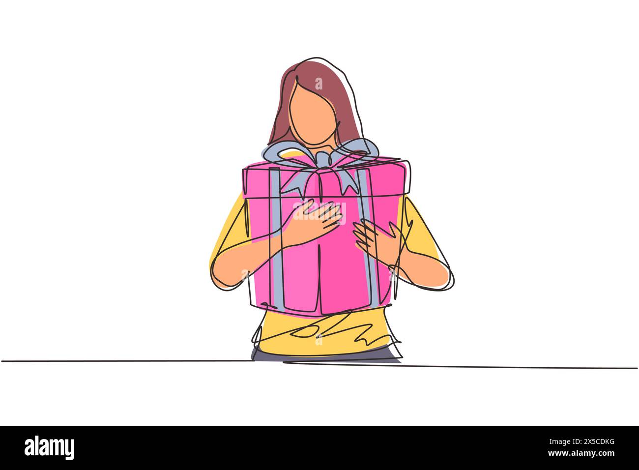Continuous one line drawing woman holding big ribbon bow wrapped gift ...