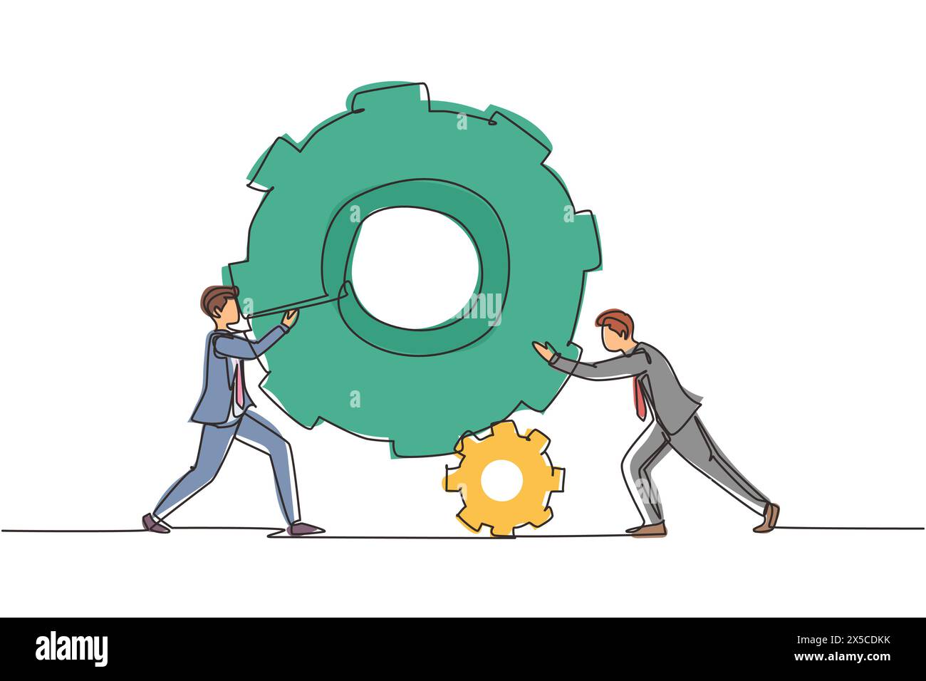 Single continuous line drawing two businessmen help each other pushing ...