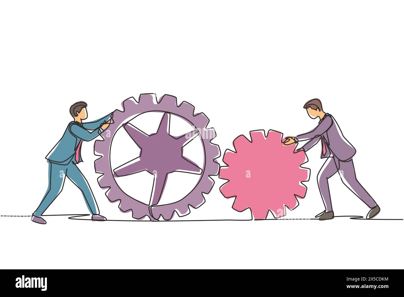 Single continuous line drawing two businessman pushing big cogs ... Single continuous line drawing two businessman pushing big cogs ...