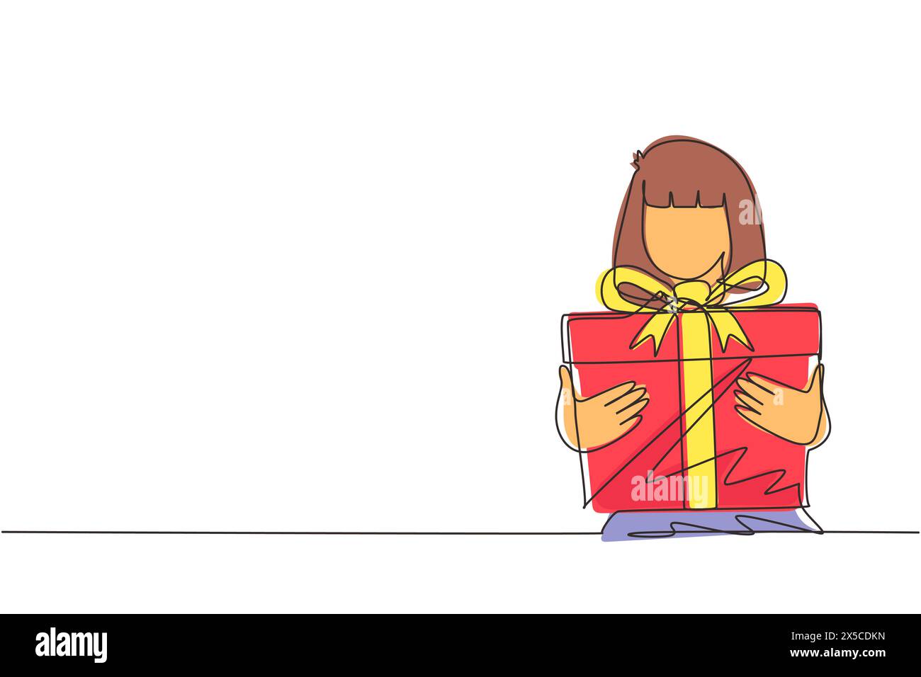Single One Line Drawing Cute Girl Holding Big Ribbon Bow Wrapped T 7899