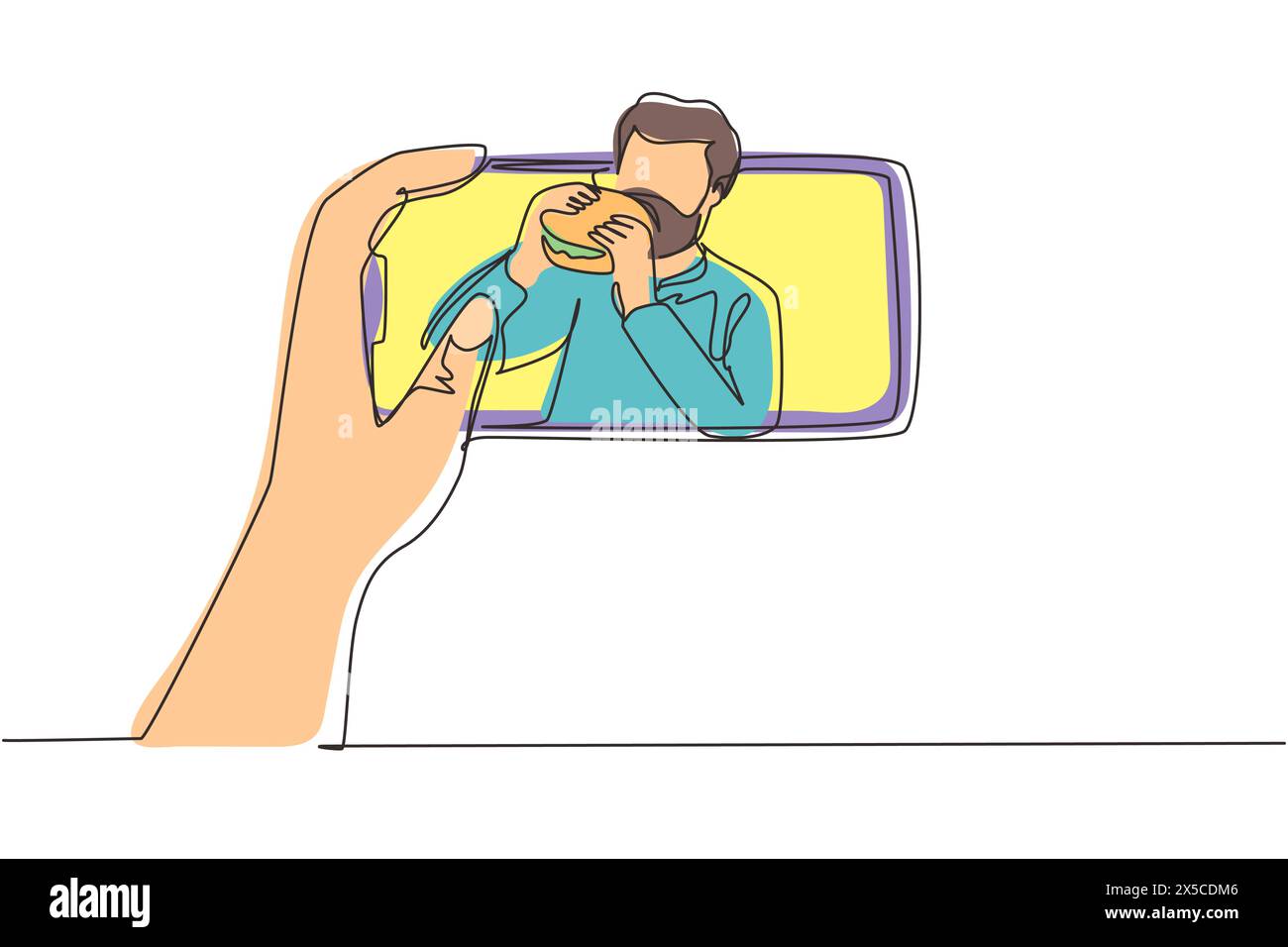 Single one line drawing Arab male food blogger eating burger while ...