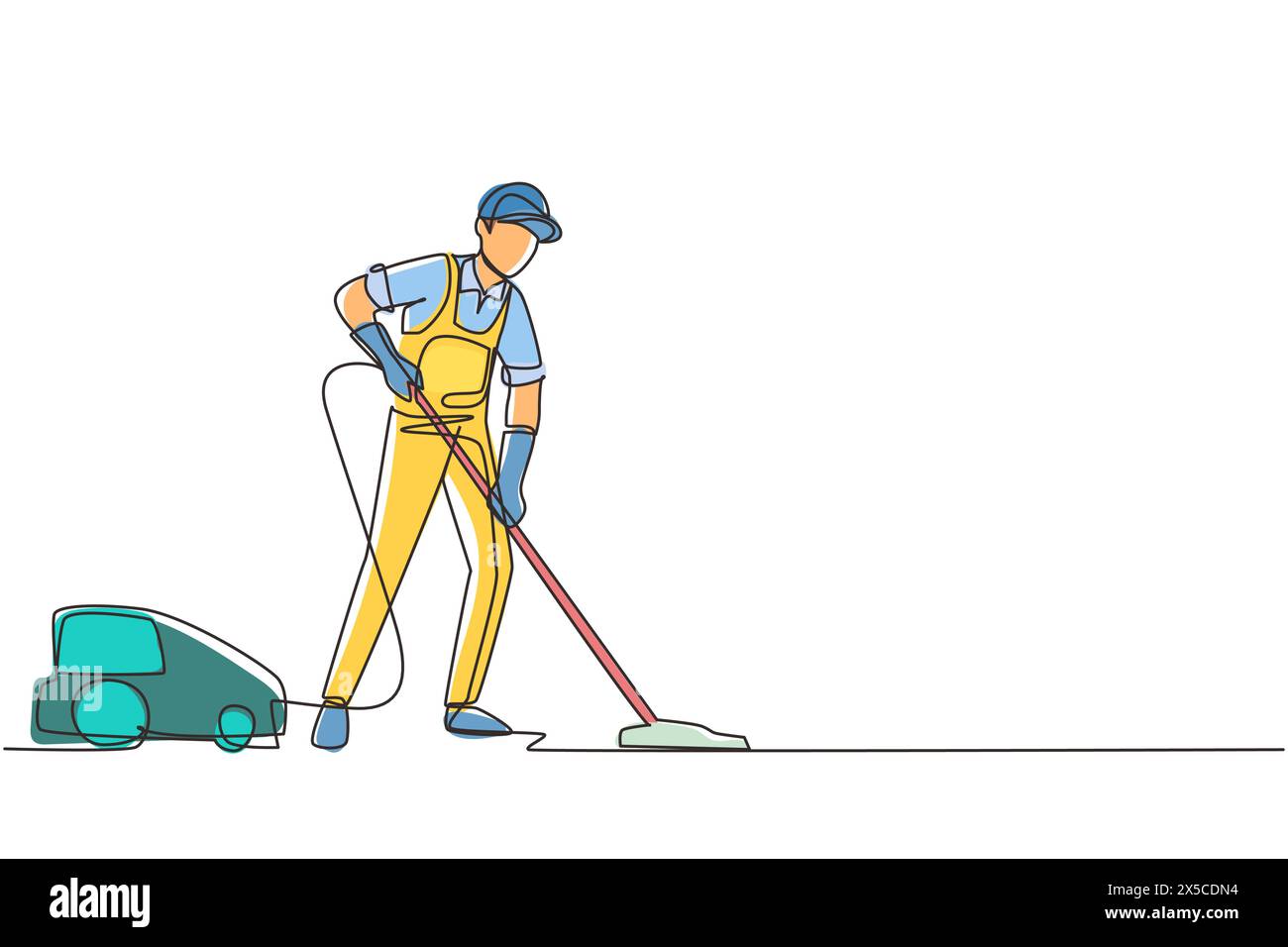 Single one line drawing man with vacuum cleaners of various types ...