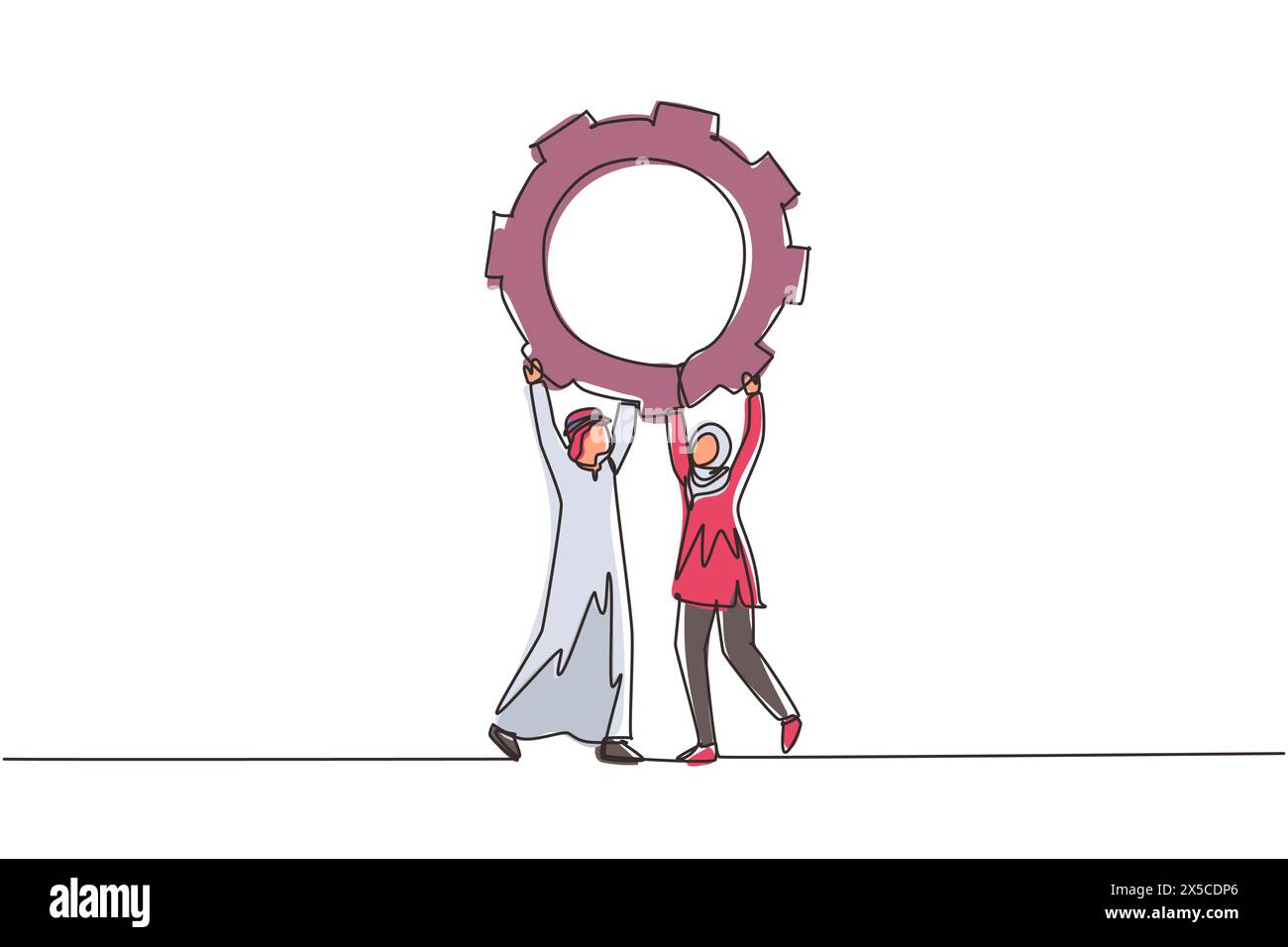 Single one line drawing collaboration. Arabian man woman lifting gears ...