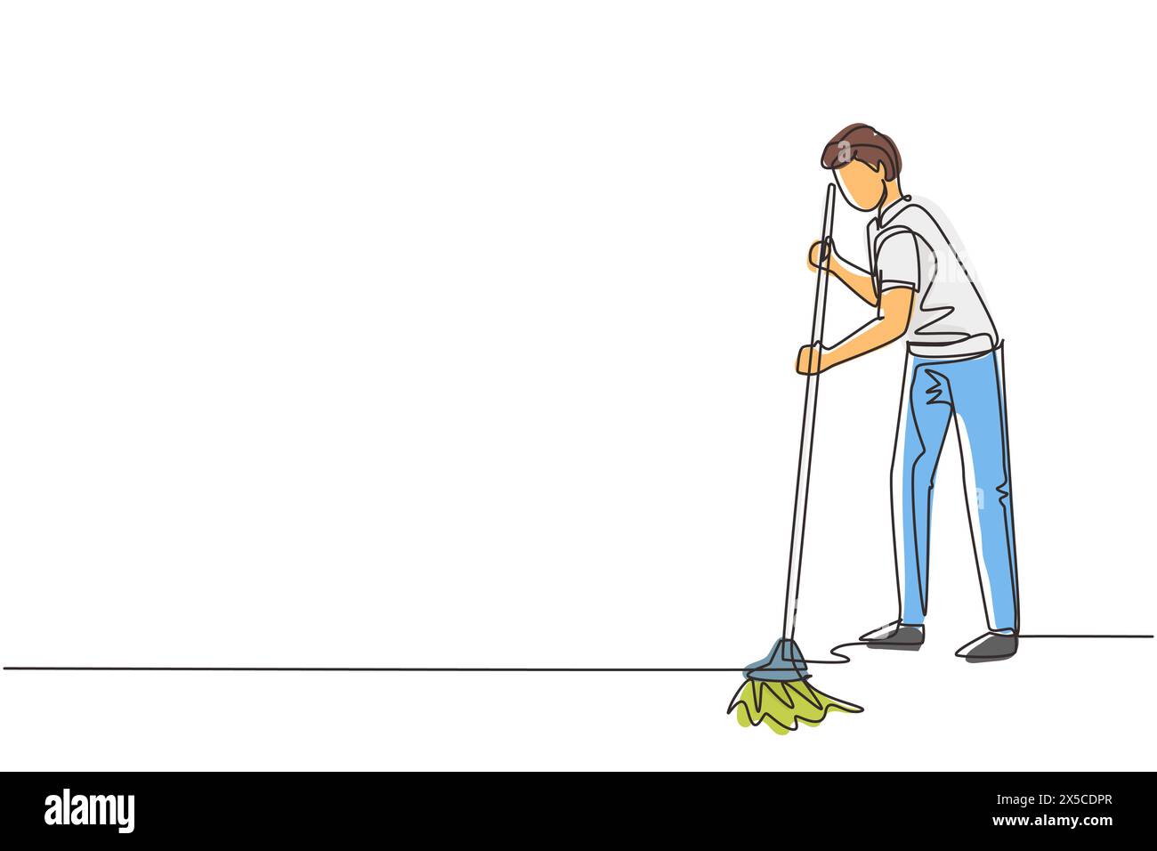 Single one line drawing young man mopping floor and cleanup indoors ...