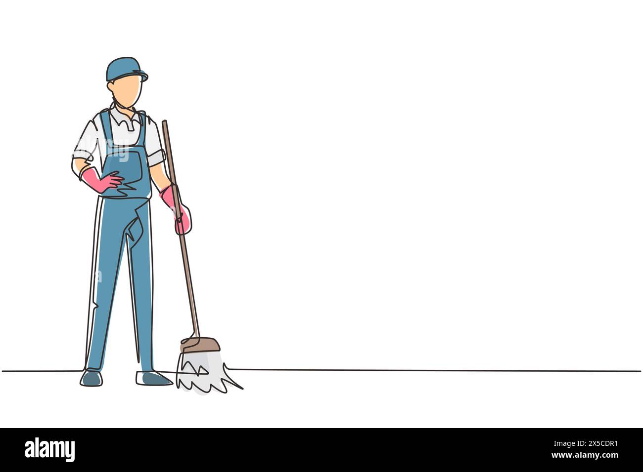 Continuous one line drawing smiling young male janitor standing in ...