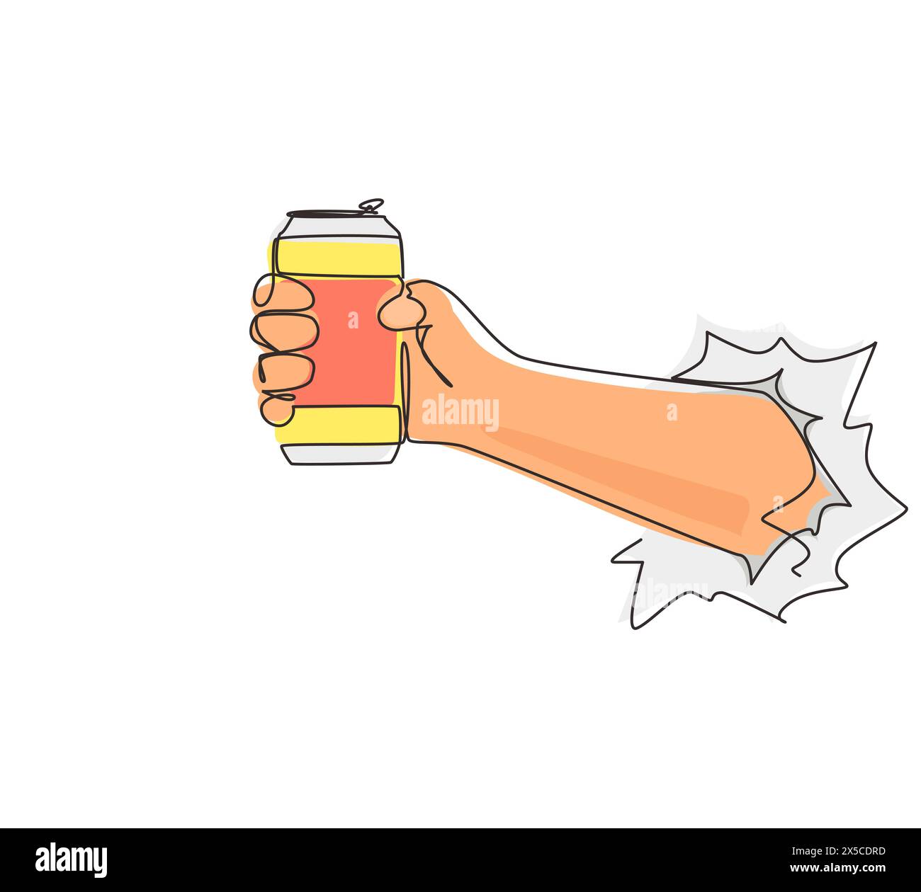 Single one line drawing hand holding a aluminum can drink through torn ...