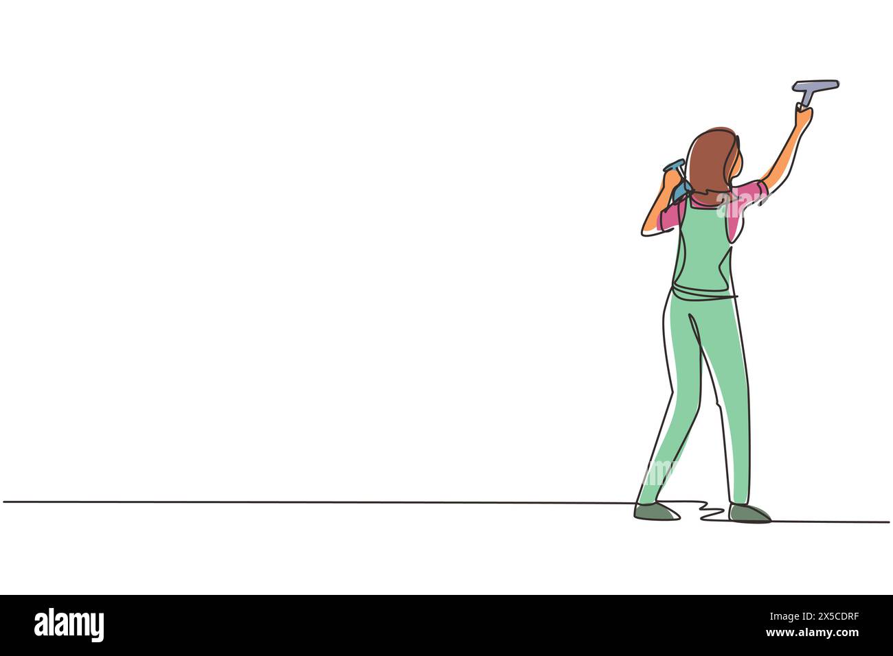 Single continuous line drawing woman janitors cleaners cleaning windows ...